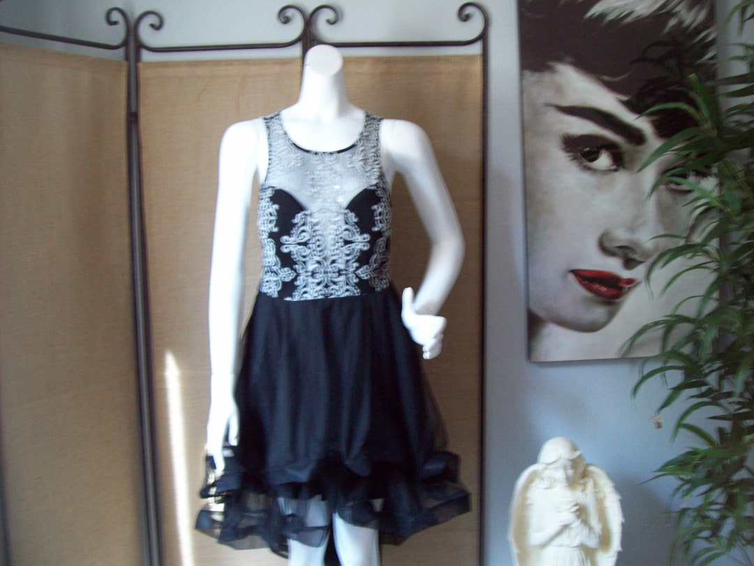 Party Dress Black/white Sparkle Bodice Netted Bodice Asymmetrical ...