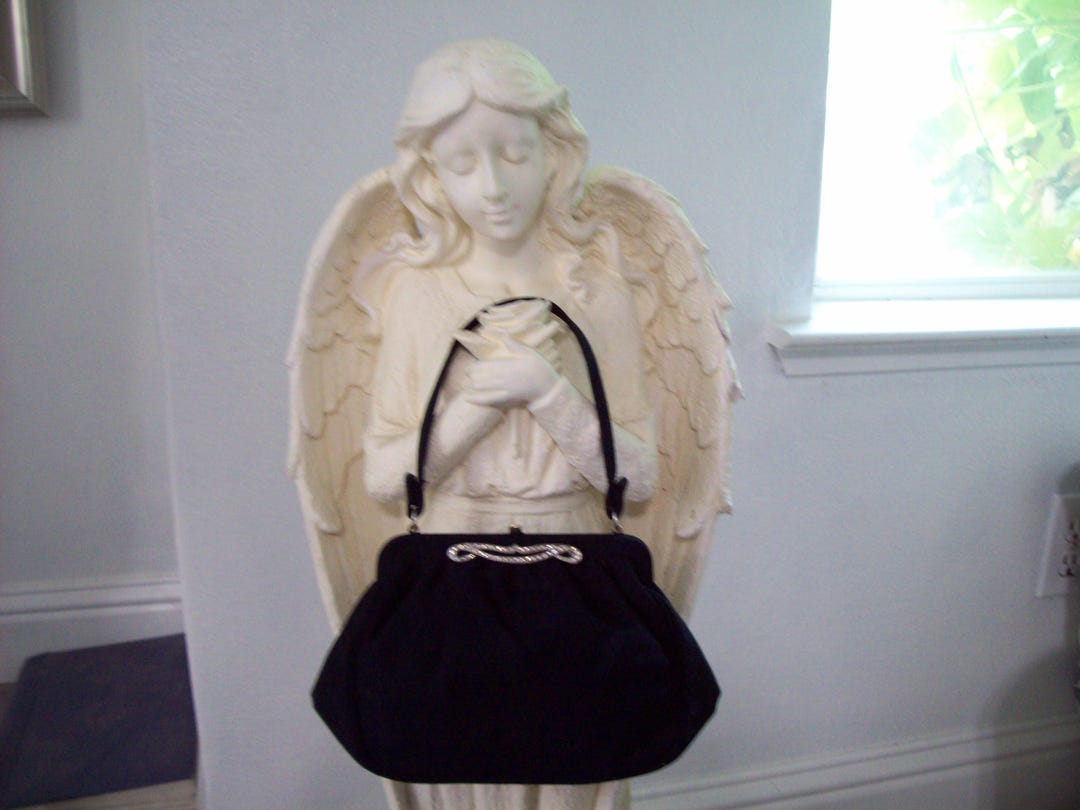 Black Cocktail Clutch Rhinestone Embellished Black Satin Lining Silver ...