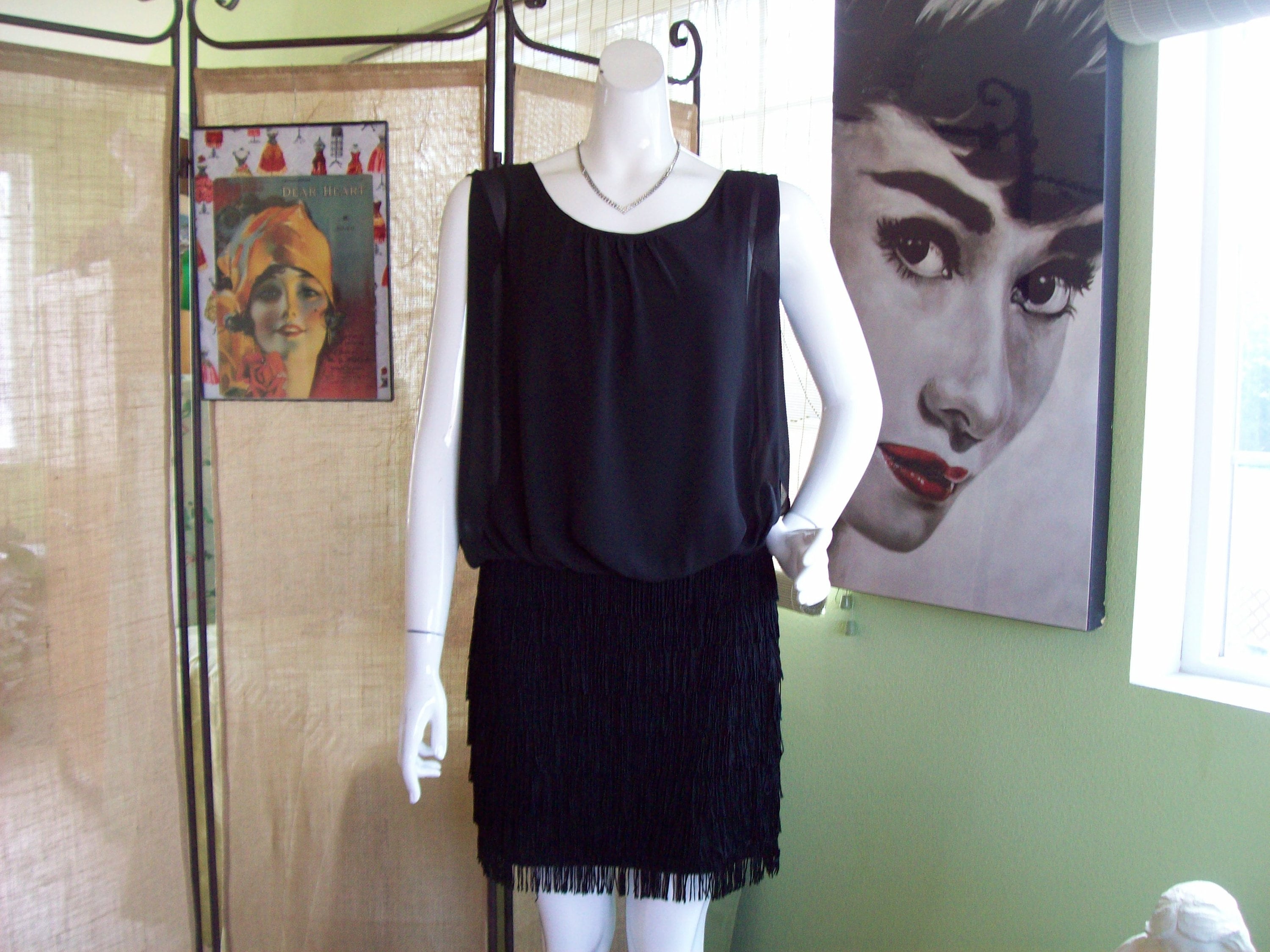 Flapper Dress Sheer Overlay Blouson Top 8-layers Shimmy Fringe Black ...