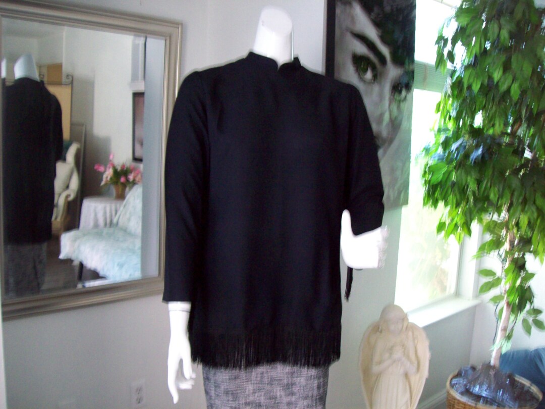 Black Tunic Top Fringed Hemline and Arms Split Mandarin Collar Elegant ...