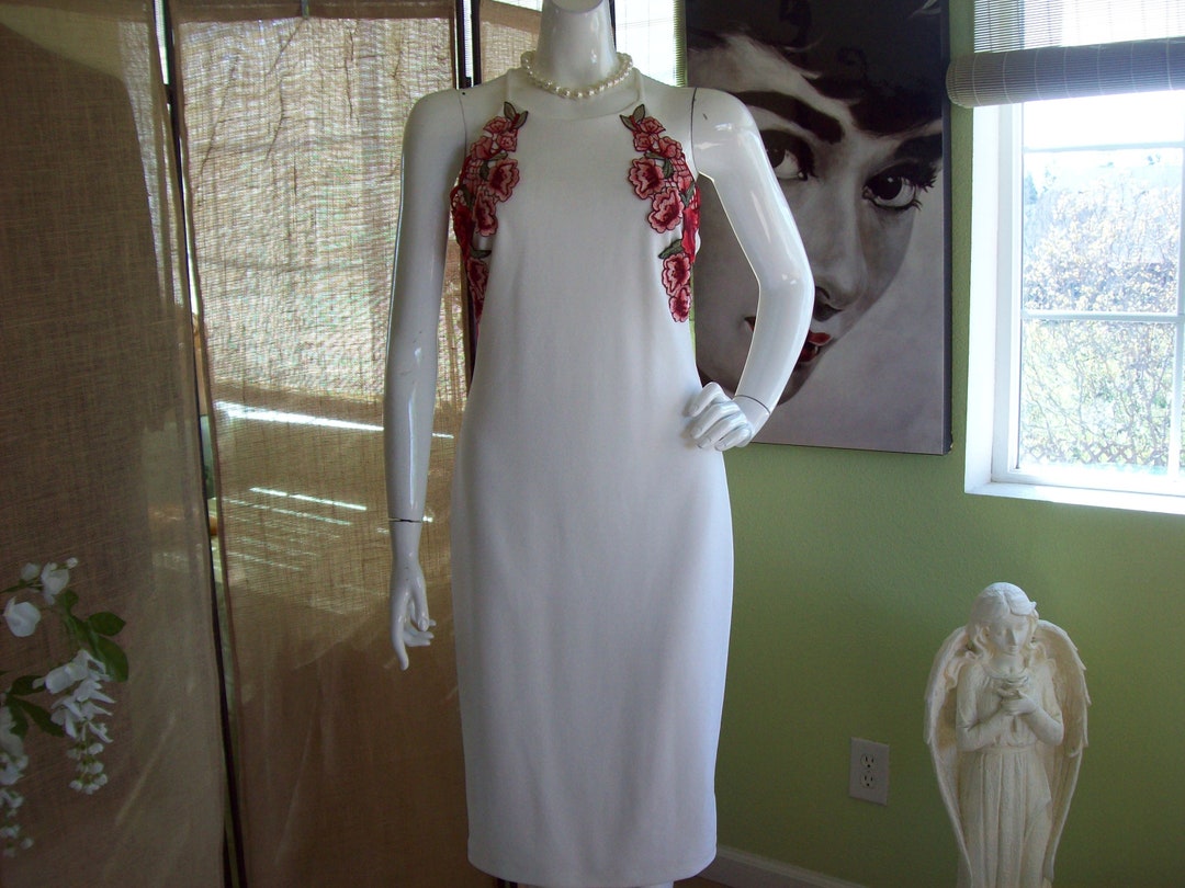 Rose Embroidered Dress Strappy Open Back Red Rose Appliqued White Dress ...