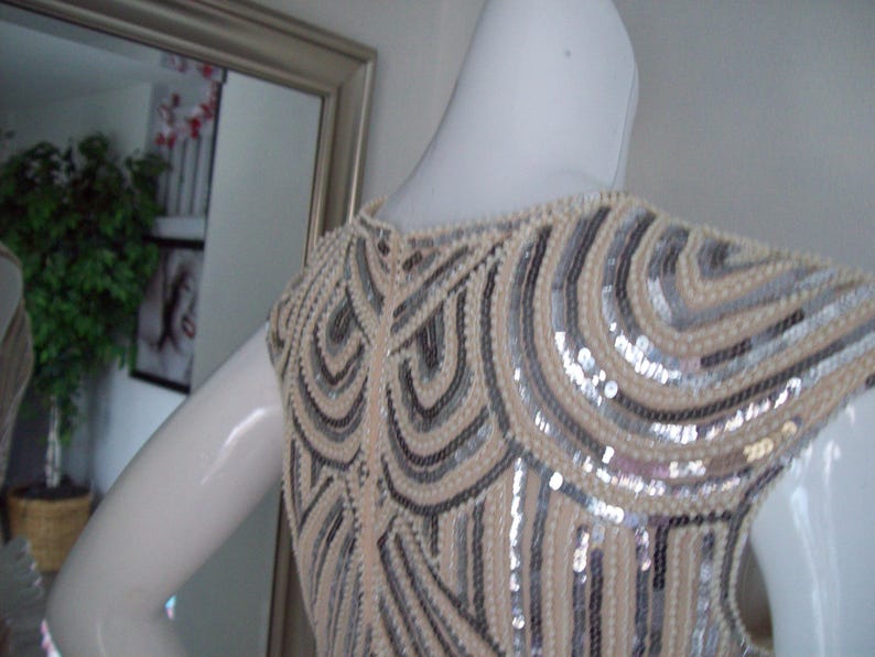 Flapper Dress Nude-beige High Low Fringe Hem Silver Sequins Gatsby ...