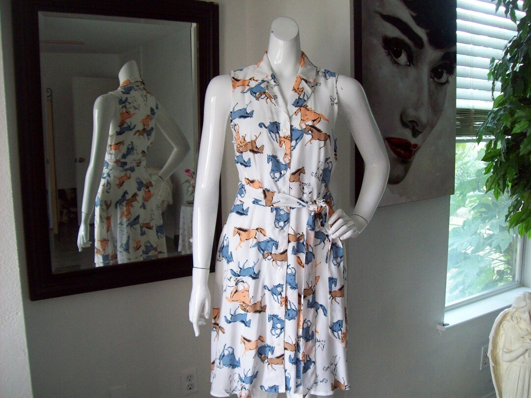 Rodeo Dress Stallion Horse Dress Pockets Shirtdress Button-up Collared ...