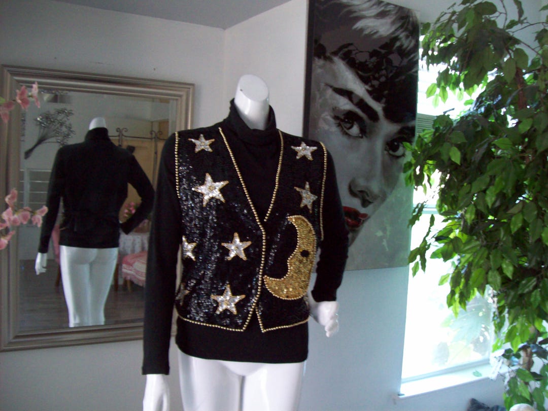 Celestial Vest Silver Stars Gold Moon Beaded Sequins Twinkling Stars ...