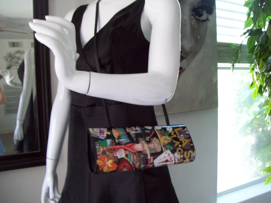 Casino Night Clutch Collectors Purse Novelty Evening Bag Leather Strap Las Vegas Showgirls Poker ...