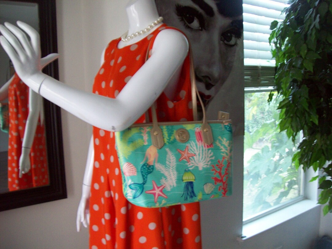 Mermaid Handbag Tote Greens Coral Reefs Zip Top Closure Gold Tone ...