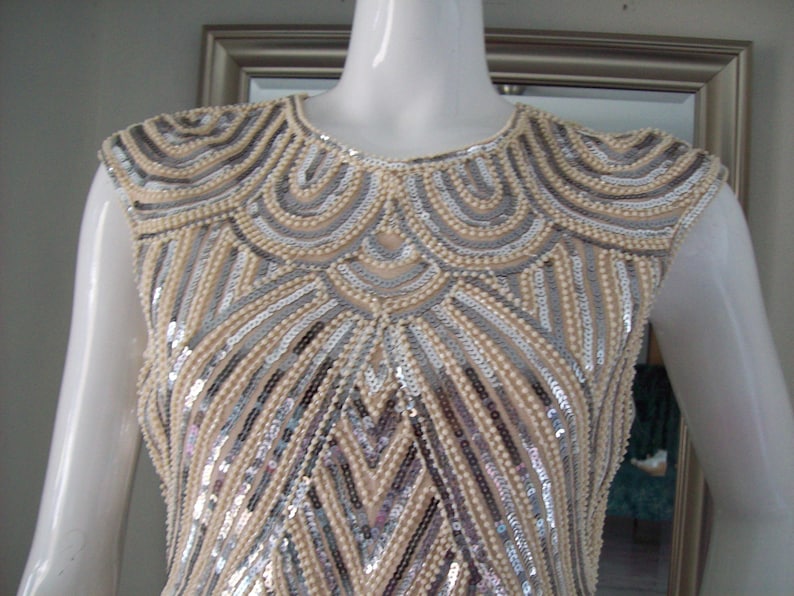 Flapper Dress Nude-beige High Low Fringe Hem Silver Sequins Gatsby ...