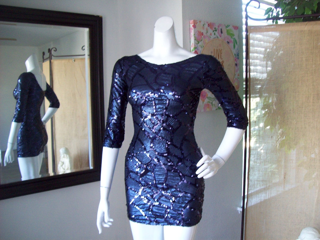 Party Bodycon Dress Cobalt Blue Sequin Micro Mini Dress 3/4 Sleeves ...