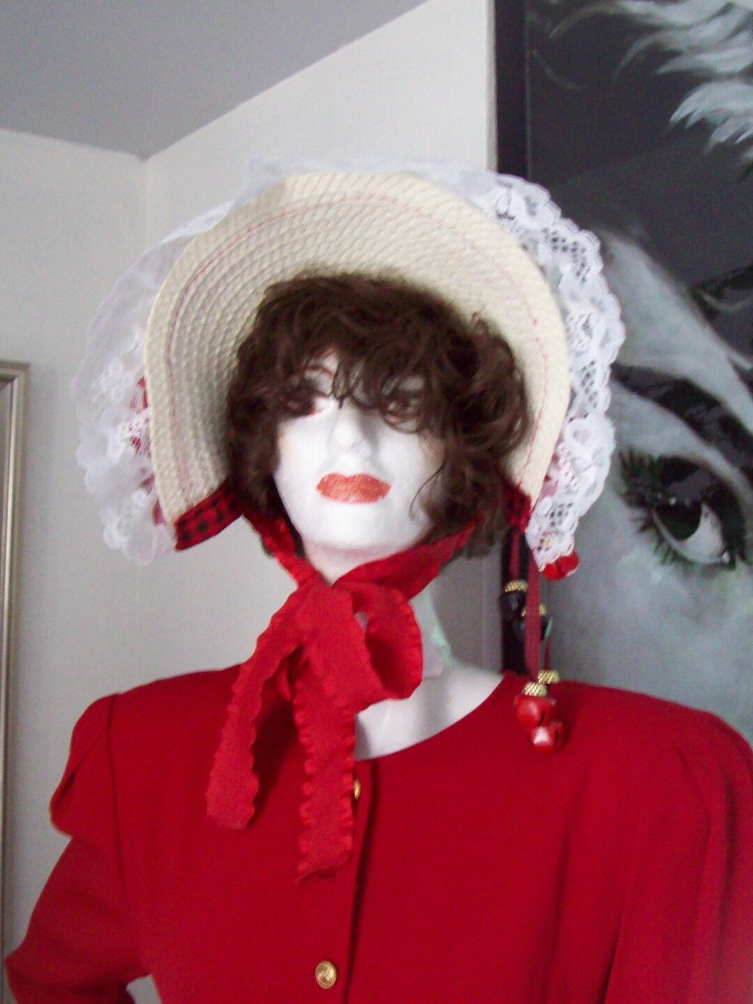 Christmas Bonnet Hand Made Xmas Caroling Lace Trim Hanging Dangling ...