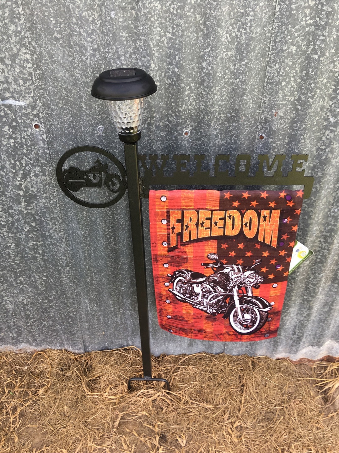 Motorcycle Garden Flag Stand: With Flag and Solar Light - Etsy