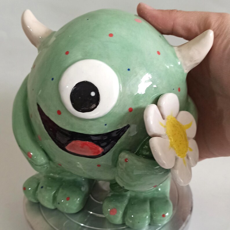 OOAK Ceramic Monster Sculpture, Handmade Clay Figure With Flower ...