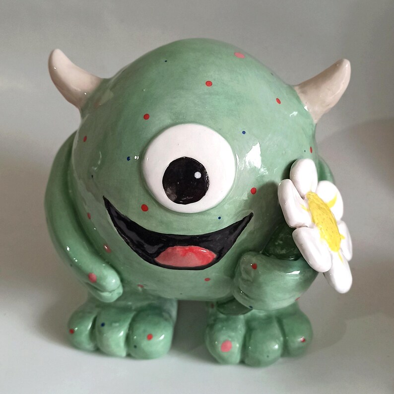 OOAK Ceramic Monster Sculpture, Handmade Clay Figure With Flower ...