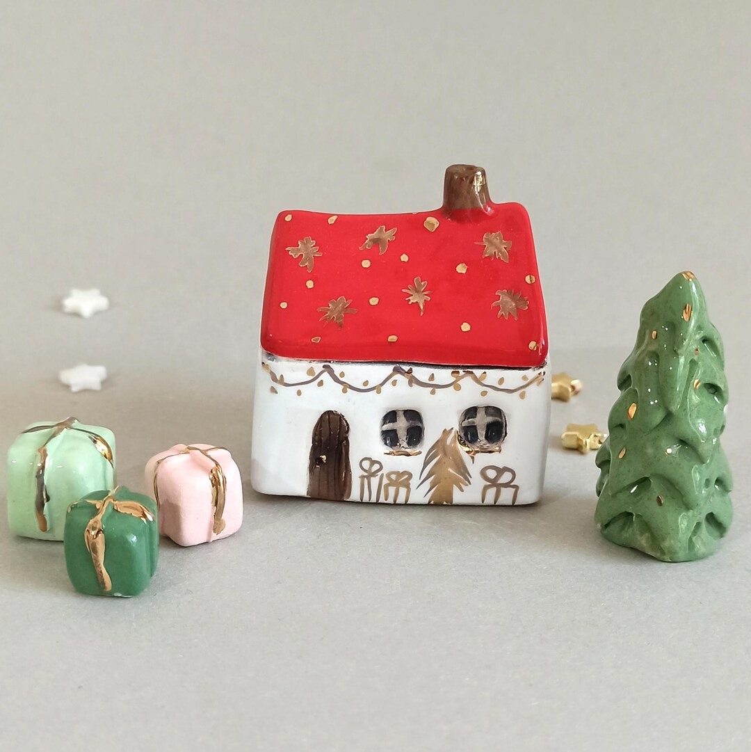 Limited Handmade Ceramic Christmas House Set: Gold Luster Red Roof ...