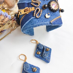 Denim Jewelry Set, Denim Blue Black Bracelet and Earrings, Embroidery ...