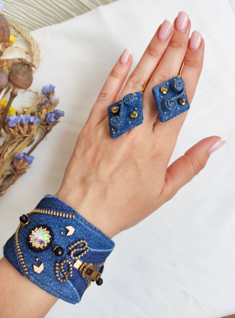 Denim Jewelry Set, Denim Blue Black Bracelet and Earrings, Embroidery ...