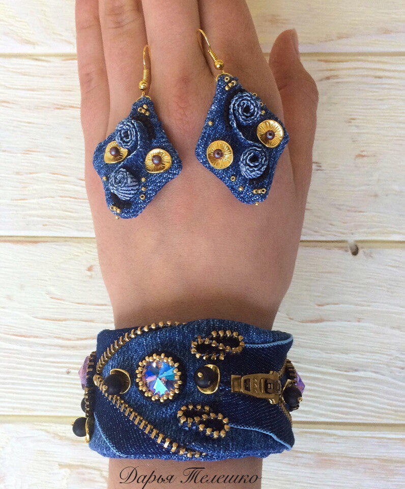 Denim Jewelry Set, Denim Blue Black Bracelet and Earrings, Embroidery ...