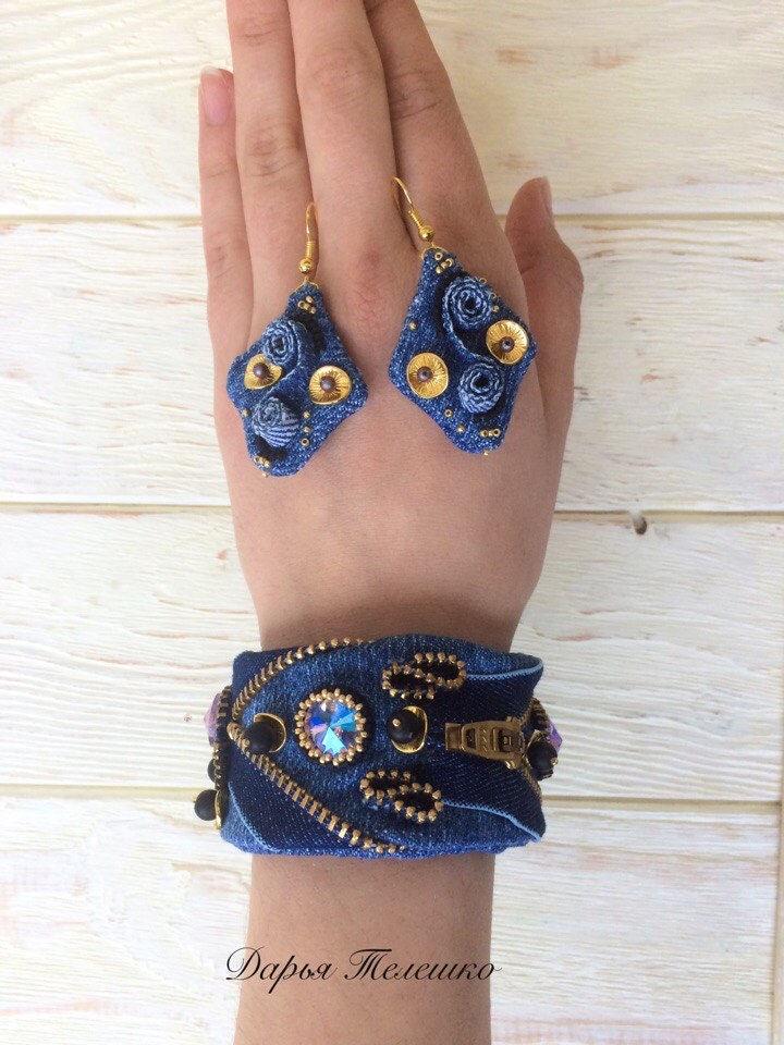Denim Jewelry Set, Denim Blue Black Bracelet and Earrings, Embroidery ...