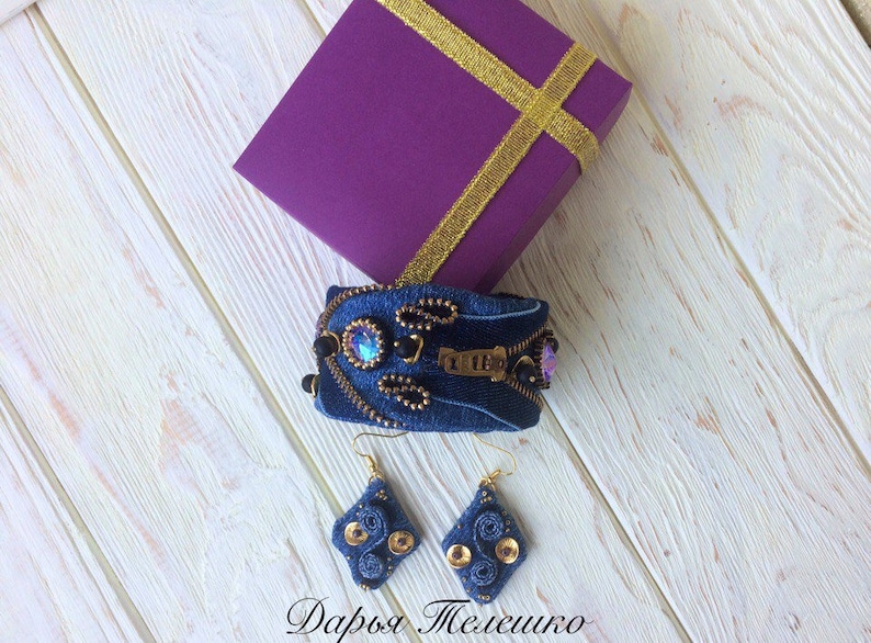 Denim Jewelry Set, Denim Blue Black Bracelet and Earrings, Embroidery ...