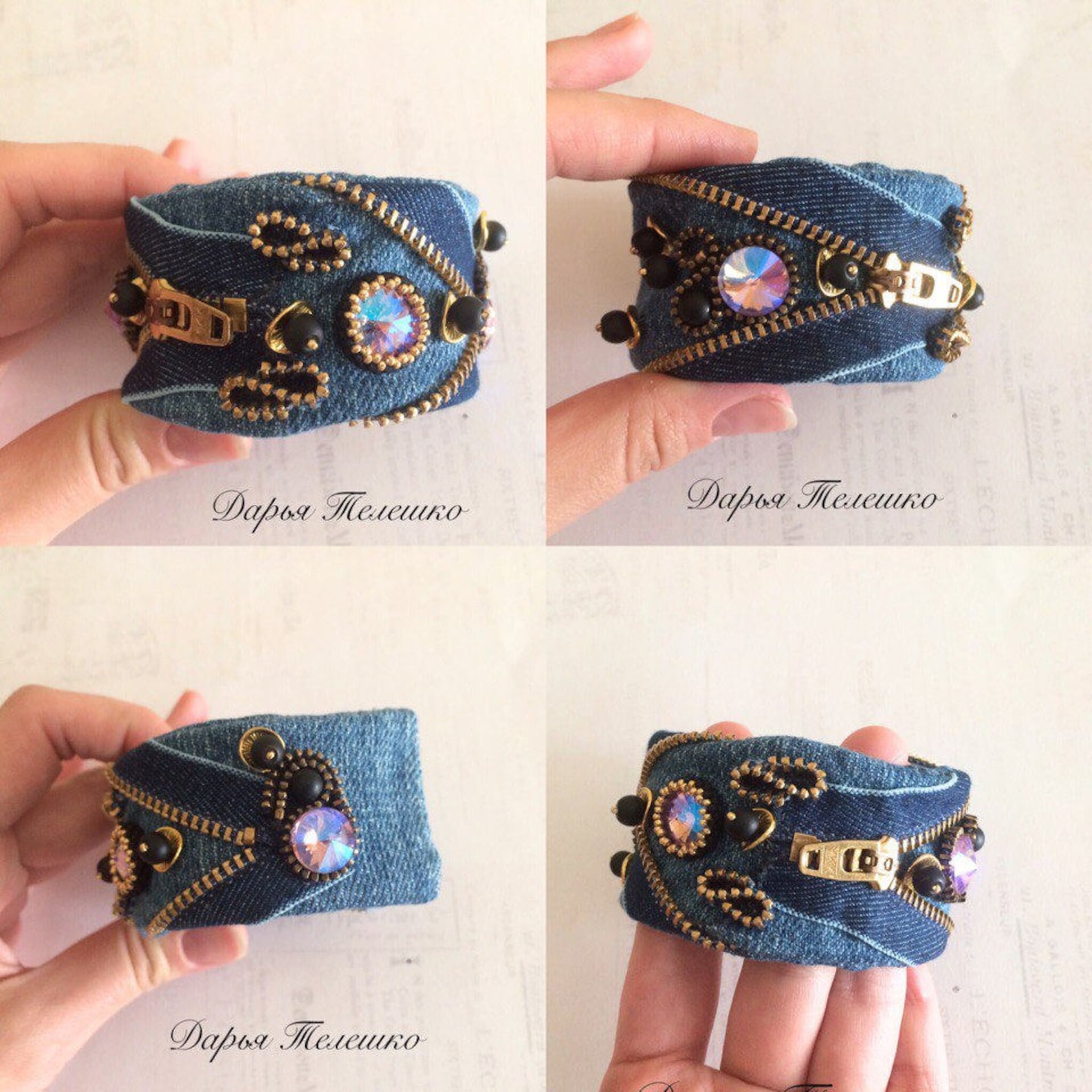 Denim Jewelry Set, Denim Blue Black Bracelet and Earrings, Embroidery ...