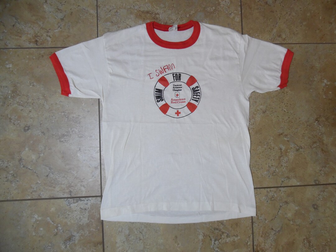 VTG American Red Cross I Swam Swim for Safety Ringer White T-shirt Tee ...