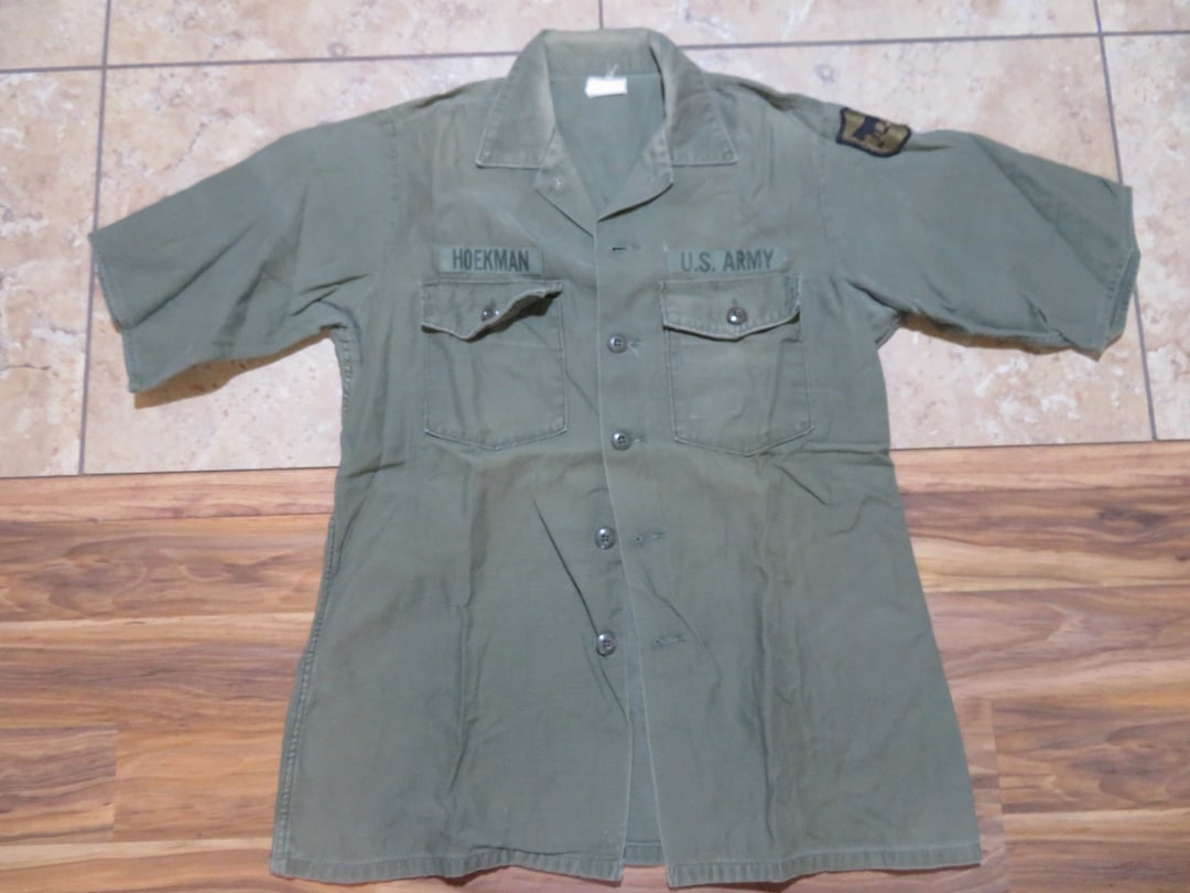Vintage Military Army Cotton Sateen Uniform Shirt Army 3 Patches OD ...
