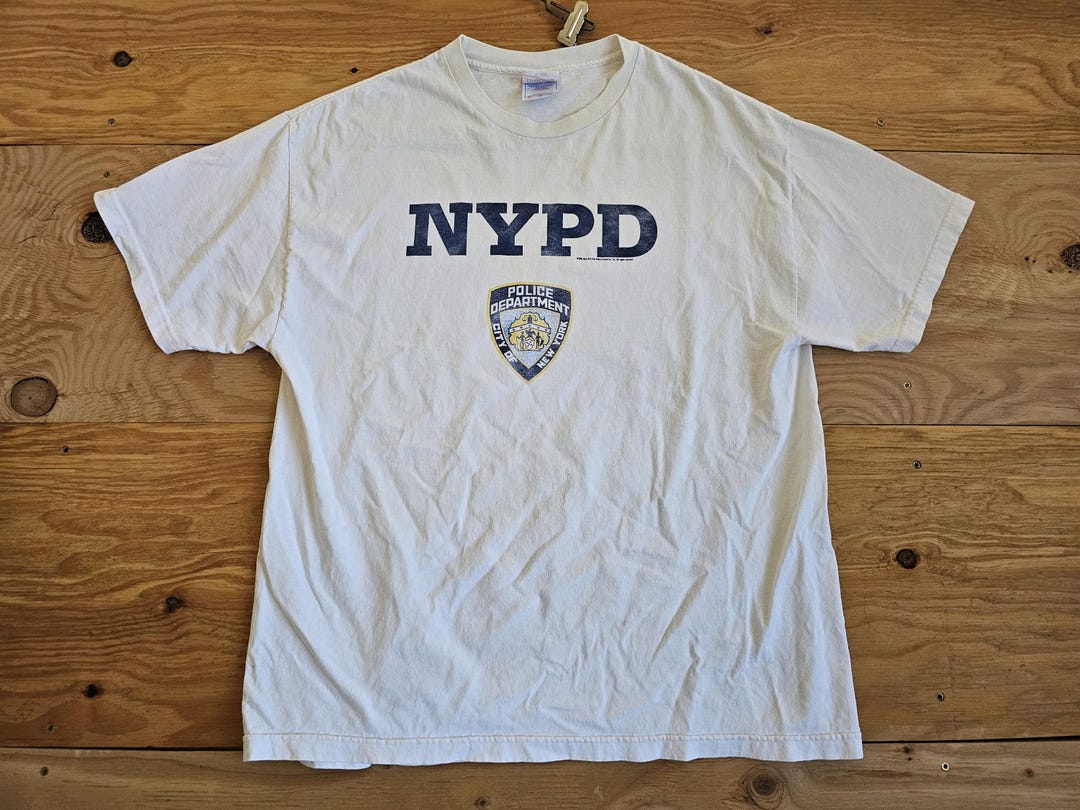 Vintage NYPD 2001 T-shirt Embroidered Logo and Letters White Navy Blue ...
