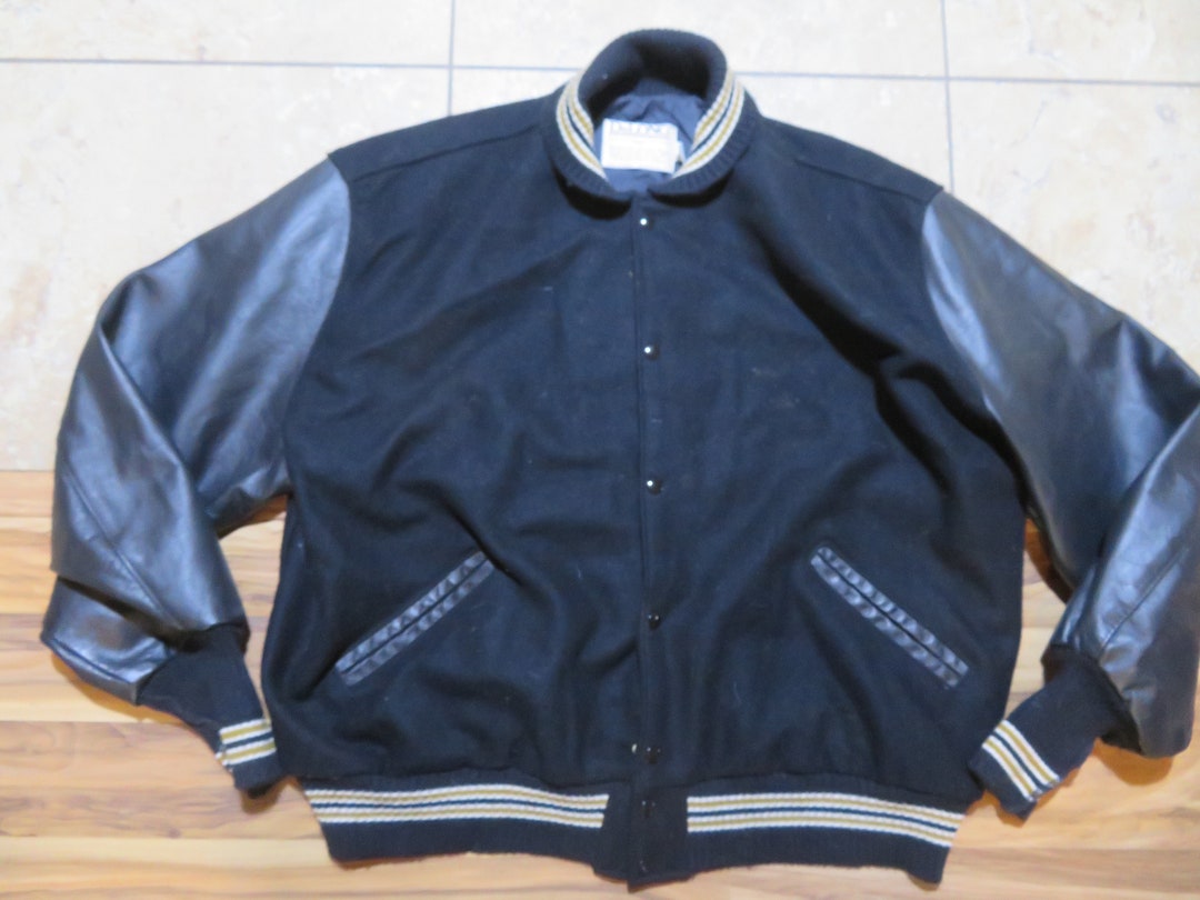Vintage Wool Blend Plain Blank Letterman's Varsity Jacket Black Delong ...