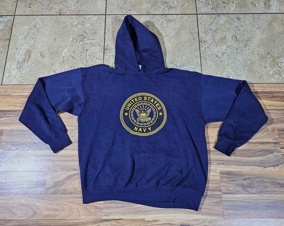 Vintage USN Navy Blue Gold Spellout Double Sided Graphic Sweatshirt ...