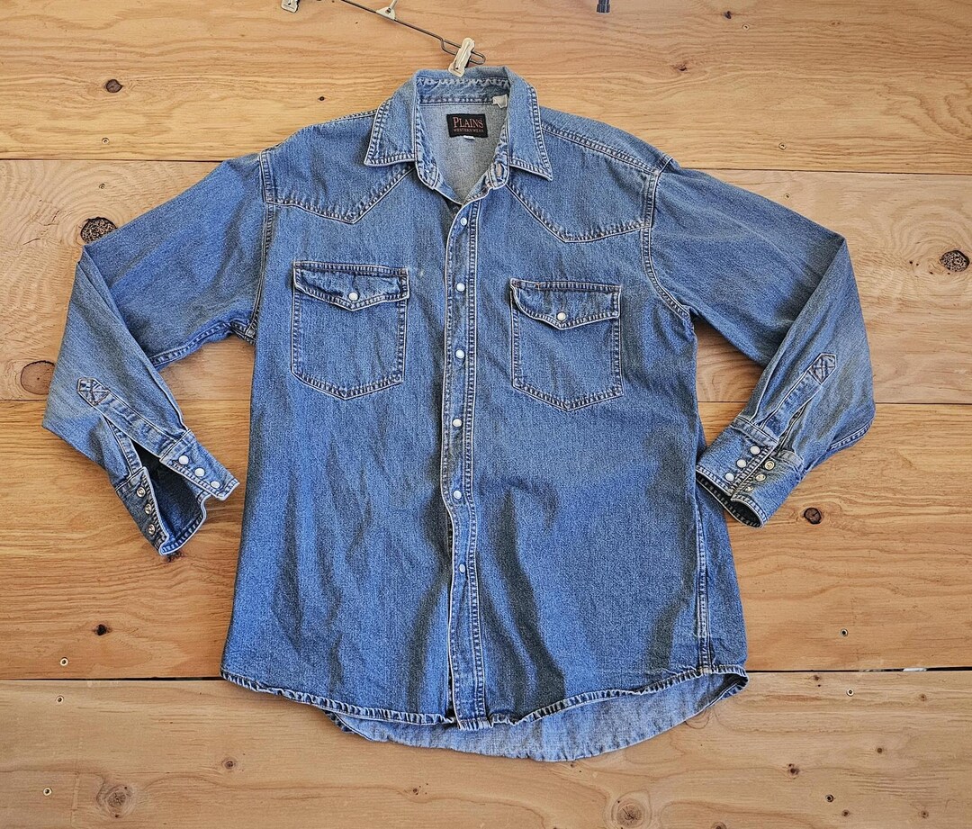 Plains Western Wear Pearl-snap Denim Western Shirt Cowboy Medium Blue ...