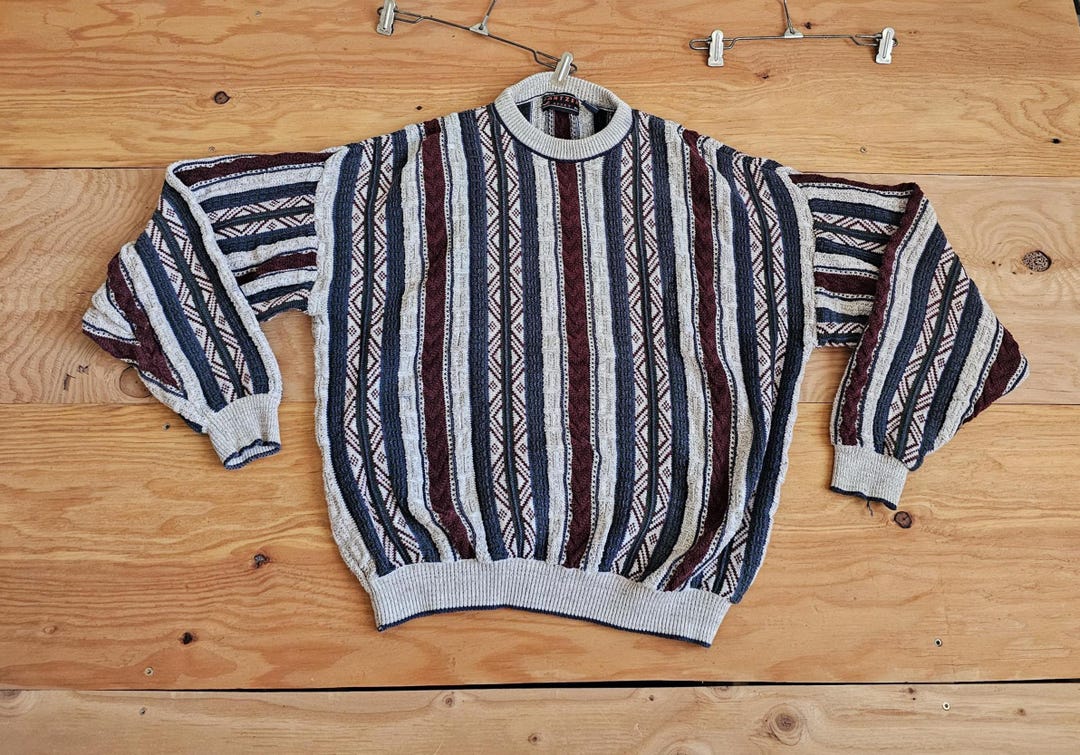 Jantzen Mens Sweater Knit Textured Multi-colored Striped Sz L? 1990s ...