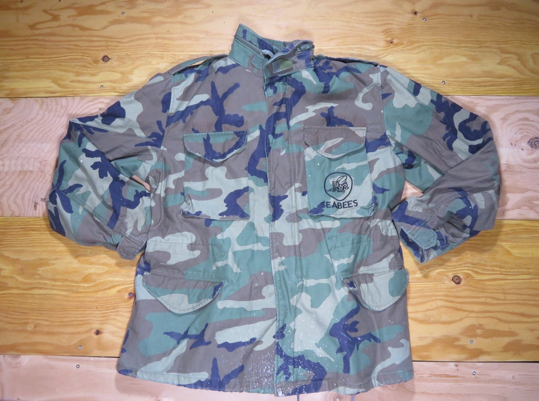 Vintage Seabees Woodland Camouflage Cold Weather Field Jacket Coat Sz L ...