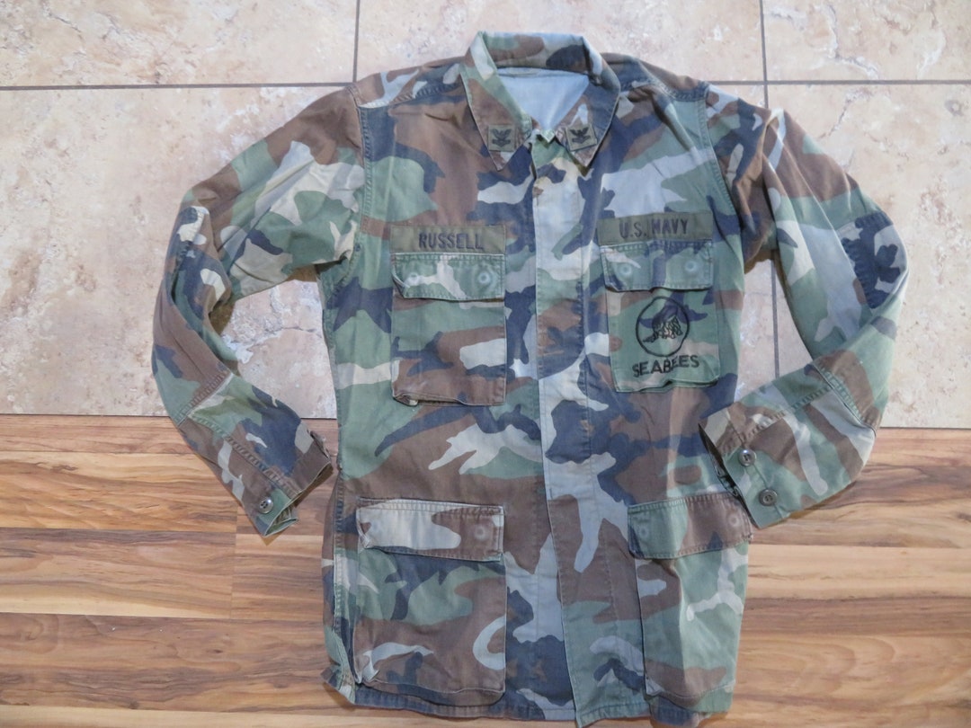 Vintage Military USN Combat Coat Uniform SEABEES Woodland Camouflage ...
