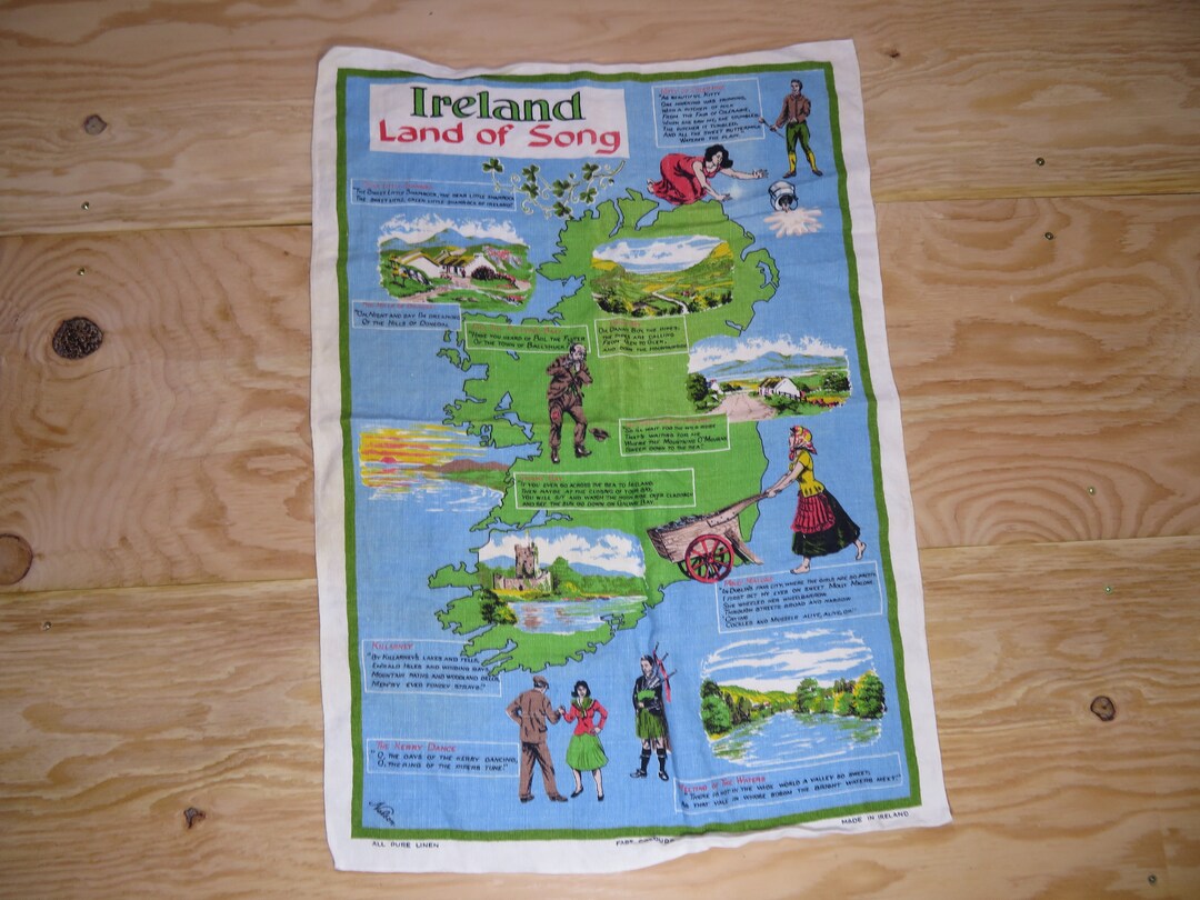 Vintage Ireland Land of Song Map Table or Wall Tapestry Linen Fast ...