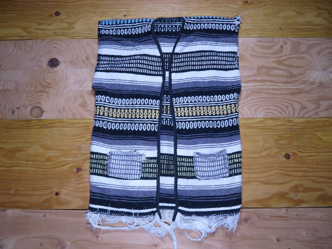 Vintage Baja Mexican Biker Woven Style Vest Drug Rug Beige Black Beige ...