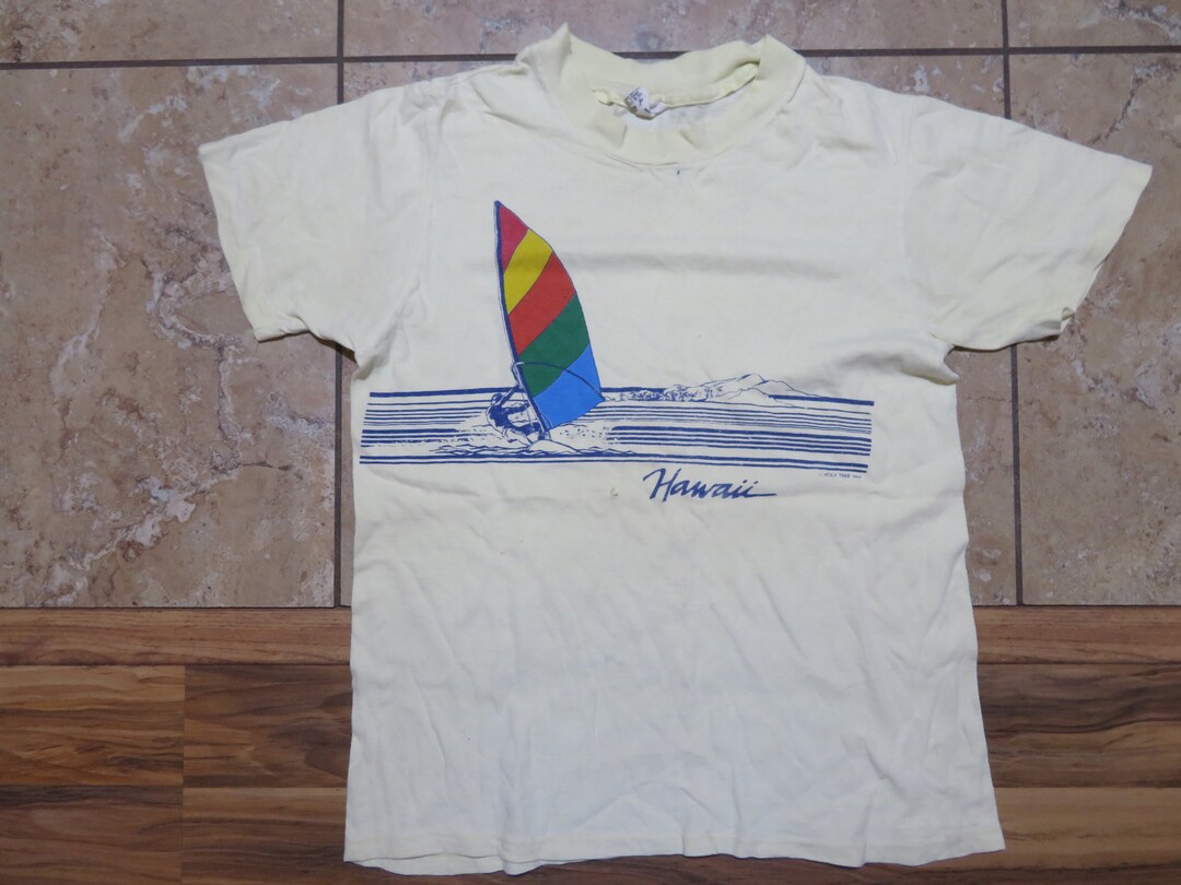 Vintage Poly Tees Hawaii Surf Sail Boat T-shirt Pale Yellow Blue Red ...