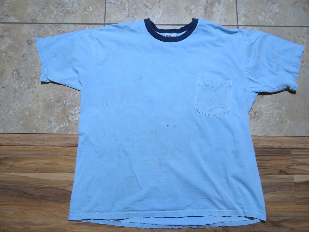 Vintage Hanes Blank Plain Ringer Pocket T-shirt Blue Minimalistic Punk ...