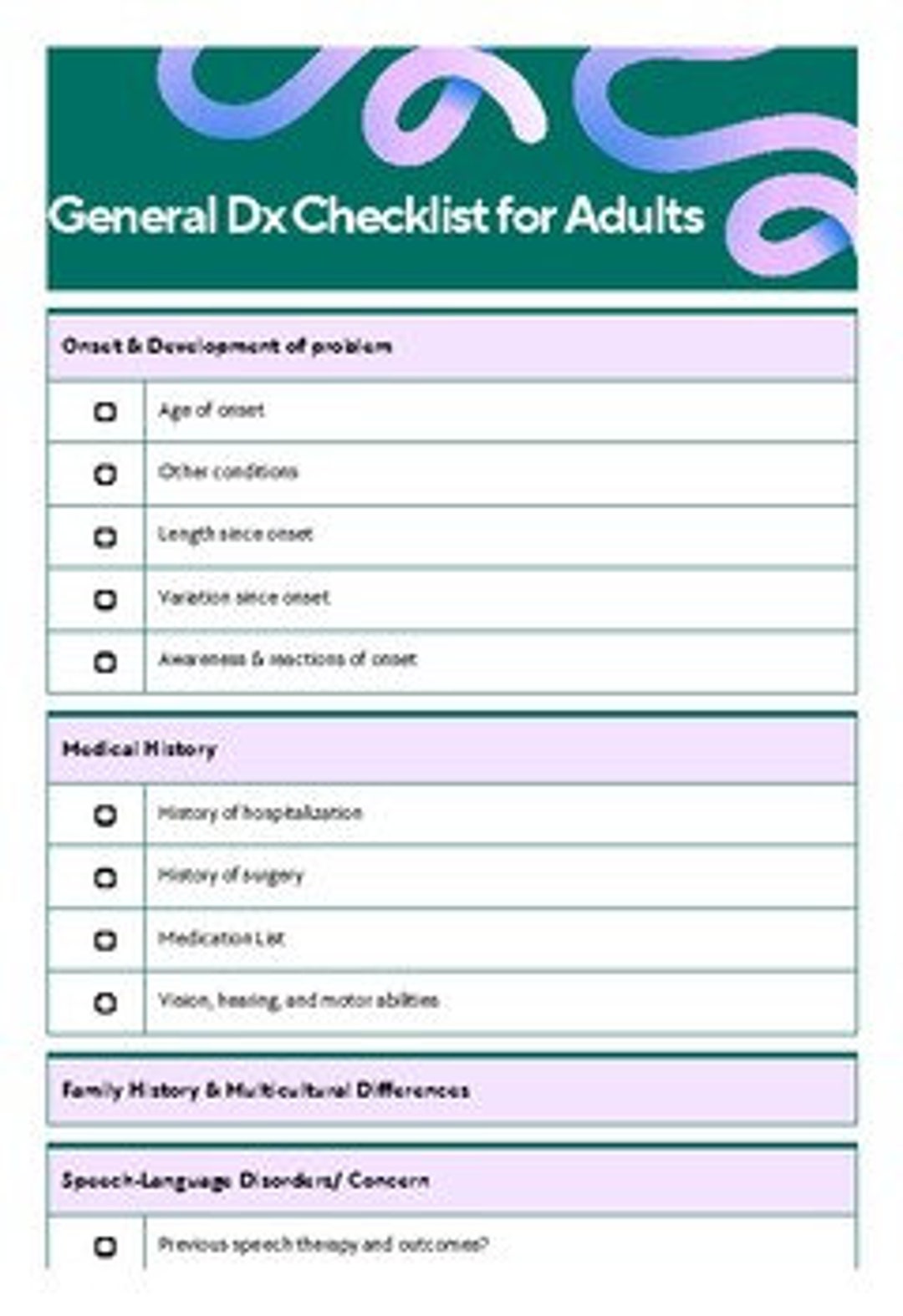 General Diagnosis Checklist for Adults for Speech Therapy Evaluation - Etsy