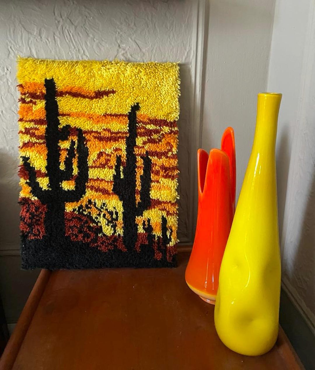Vintage MCM Latch Hook Rug: Handmade Desert Cactus Fiber Art - Etsy