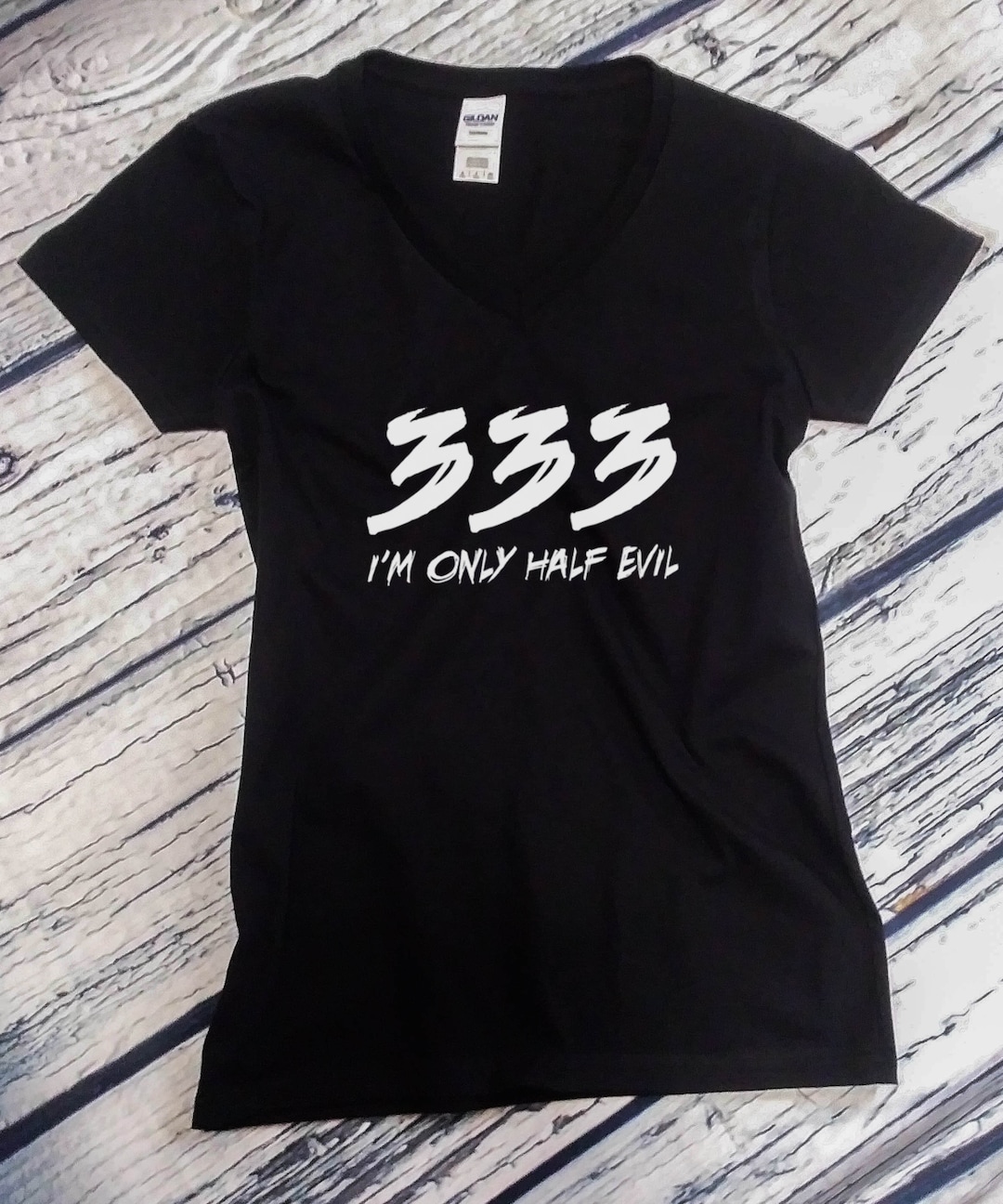 333 I'm Only Half Evil Shirt, Funny Halloween Shirt, Womens V Neck Top ...