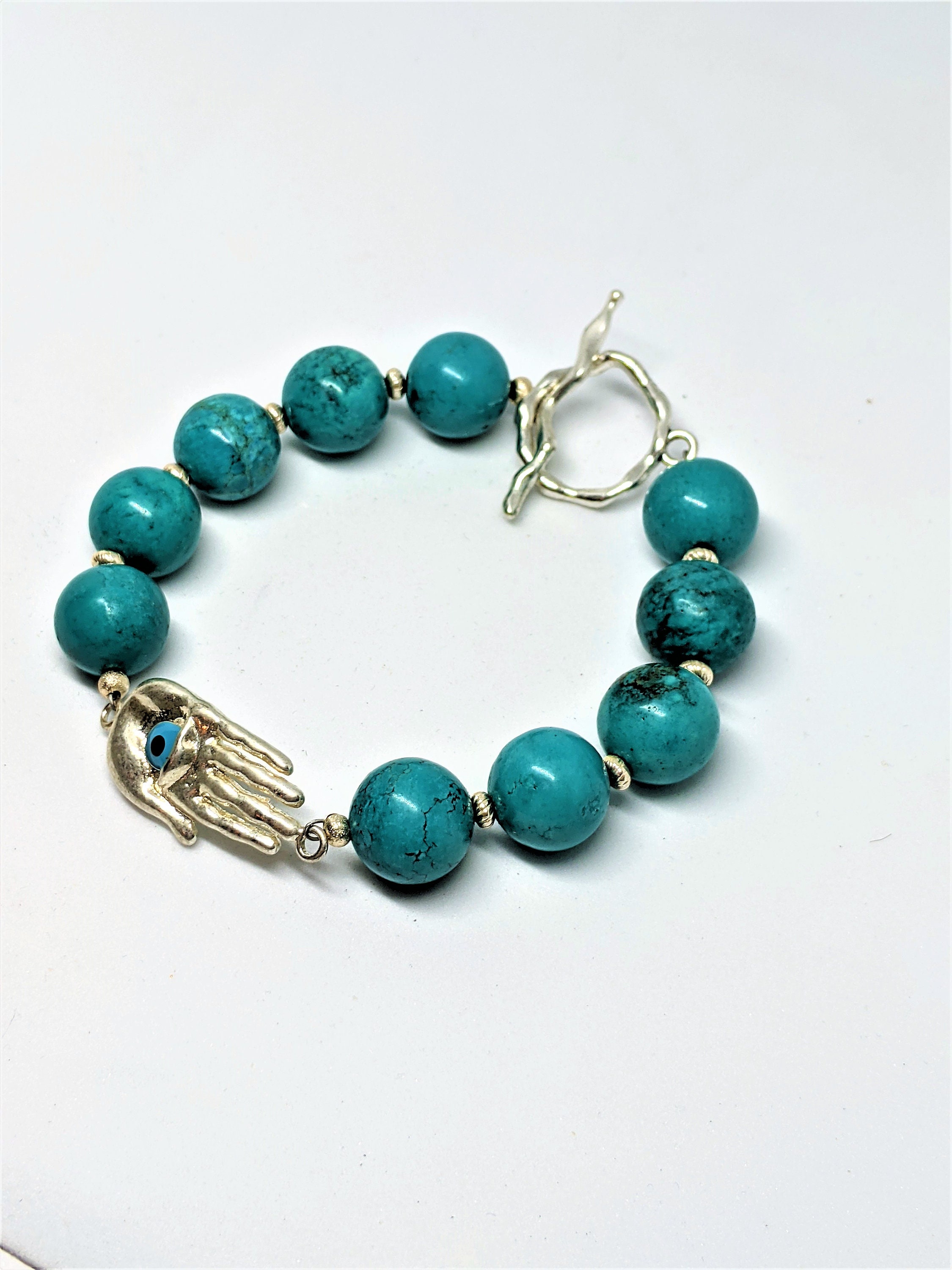 Real Turquoise and Hamsa Hand Silver Bracelet - Etsy