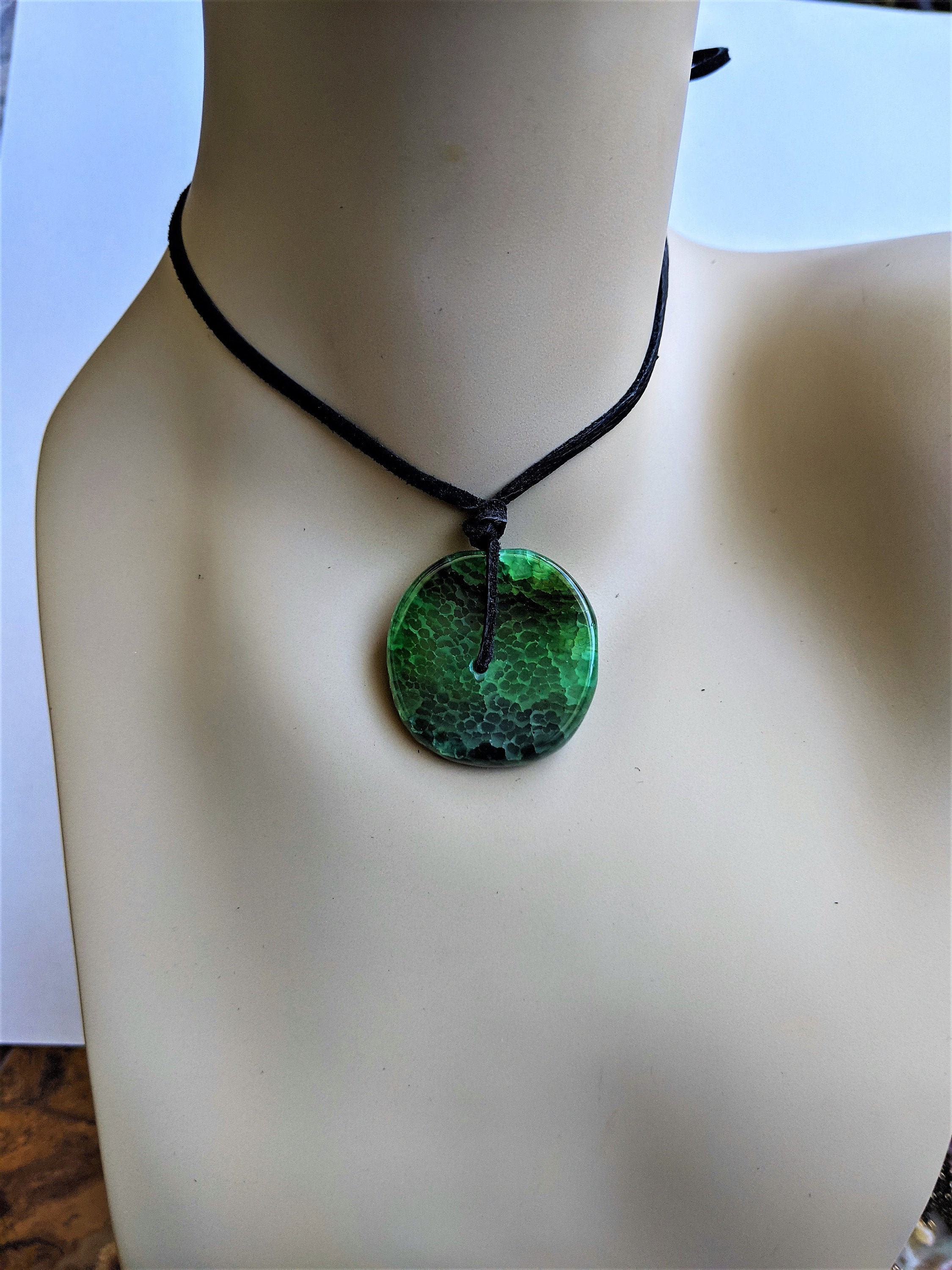 Natural Big Green Agate Stone Pendant Necklace on Leather, Brutalist ...