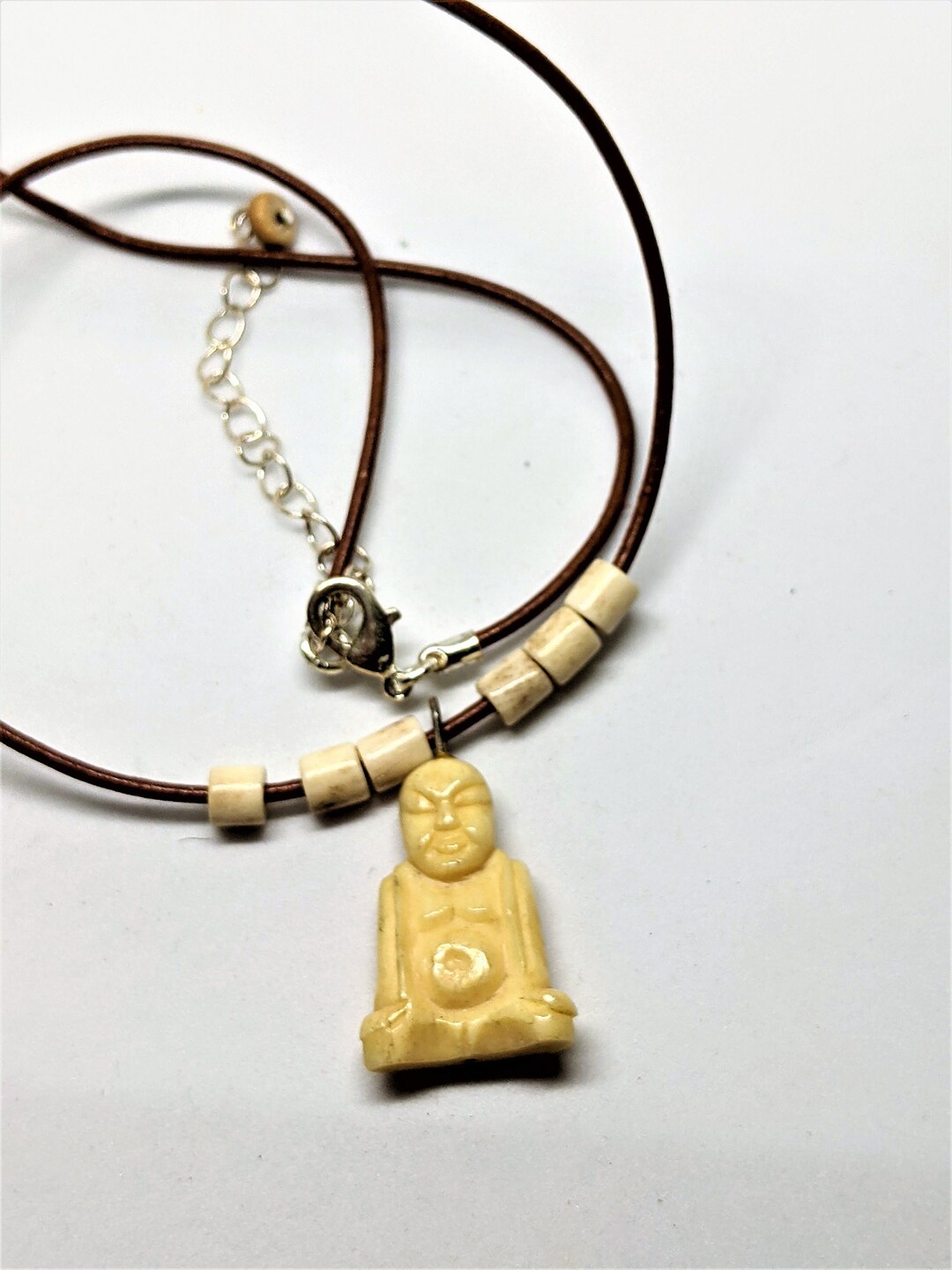 Carved Bone Buddha Pendant Necklace on Leather, Vintage 90s, Spiritual ...