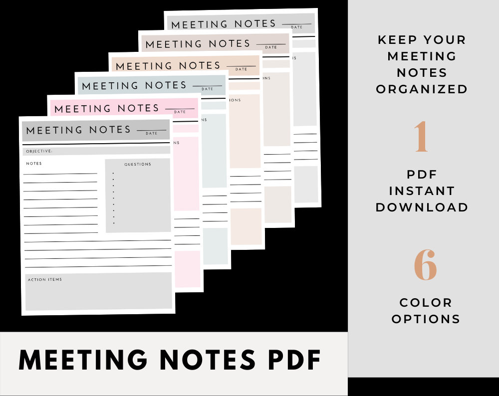 Meeting Notes, Printable Work Organizer, Daily Weekly Work Planner ...