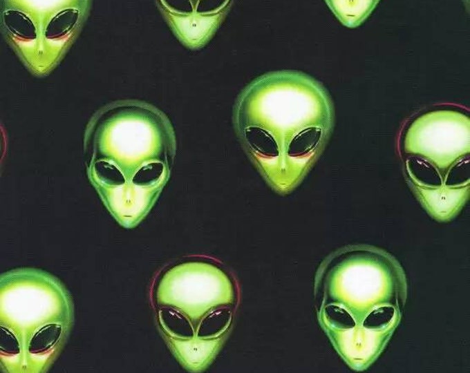 Alien Head Fabric Bright Lime Green Aliens at Night Space Roswell UFO ...