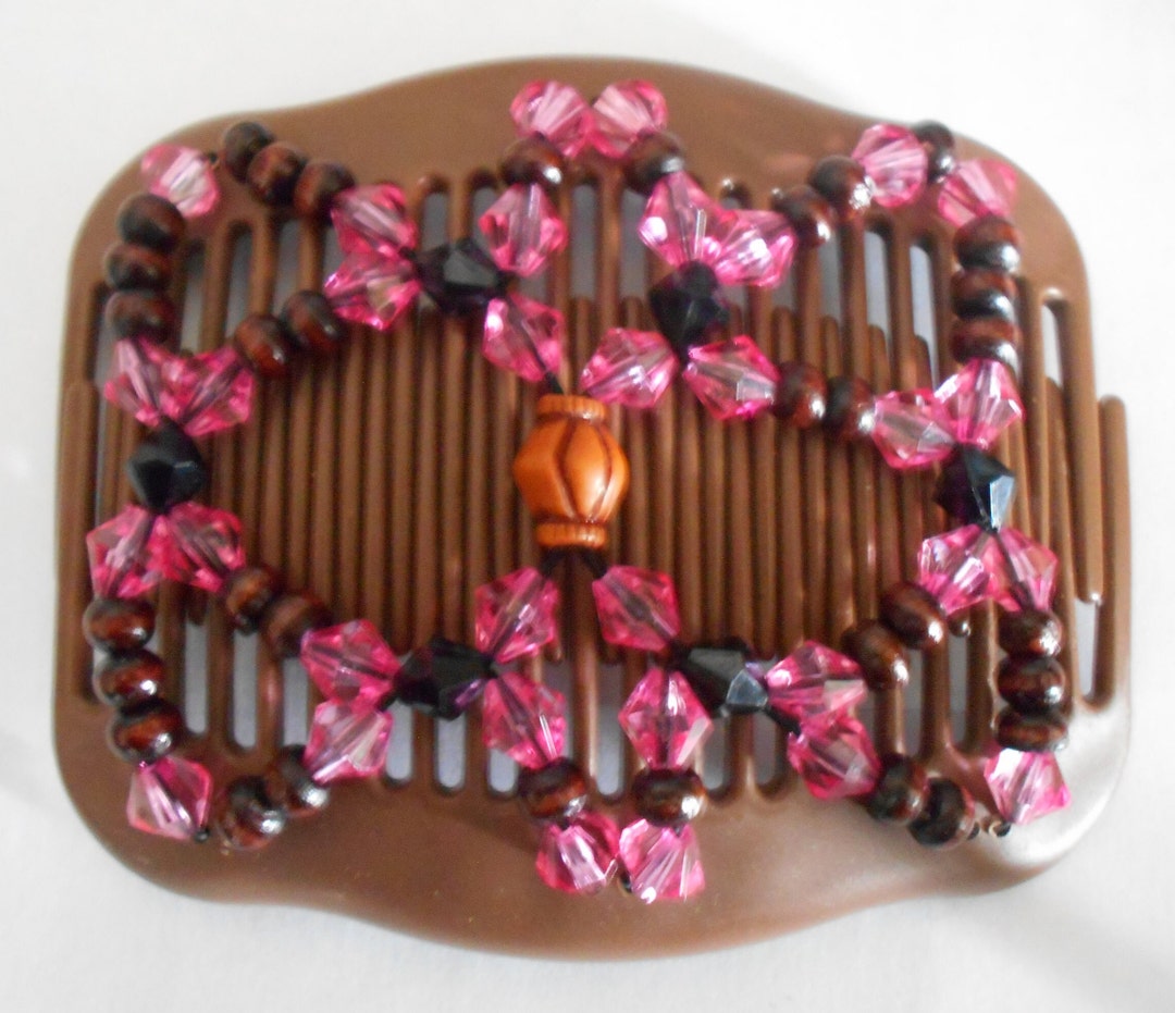 Original African Butterfly Pink & Black Beads Hair Comb, Women's ...