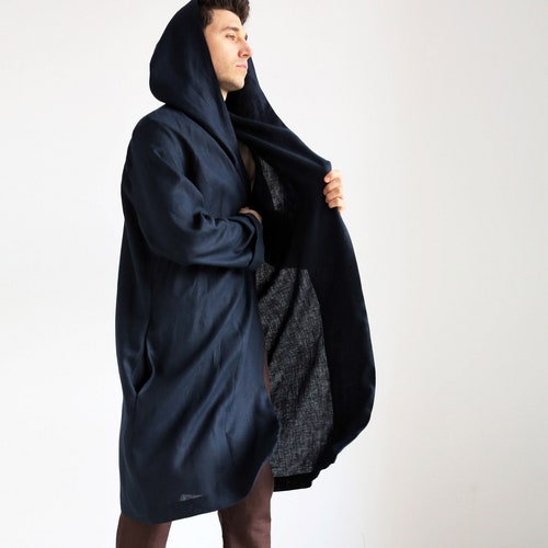 Mens Linen Robe With a Hood Dark Blue Robe Summer Gown - Etsy