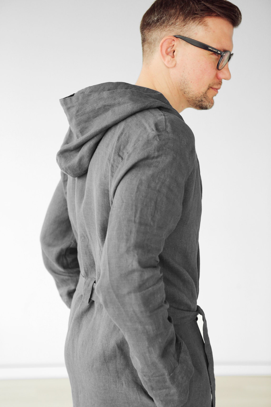 Mens Linen Bathrobe Dark Grey Hooded Robe Hoodie Bathrobe - Etsy