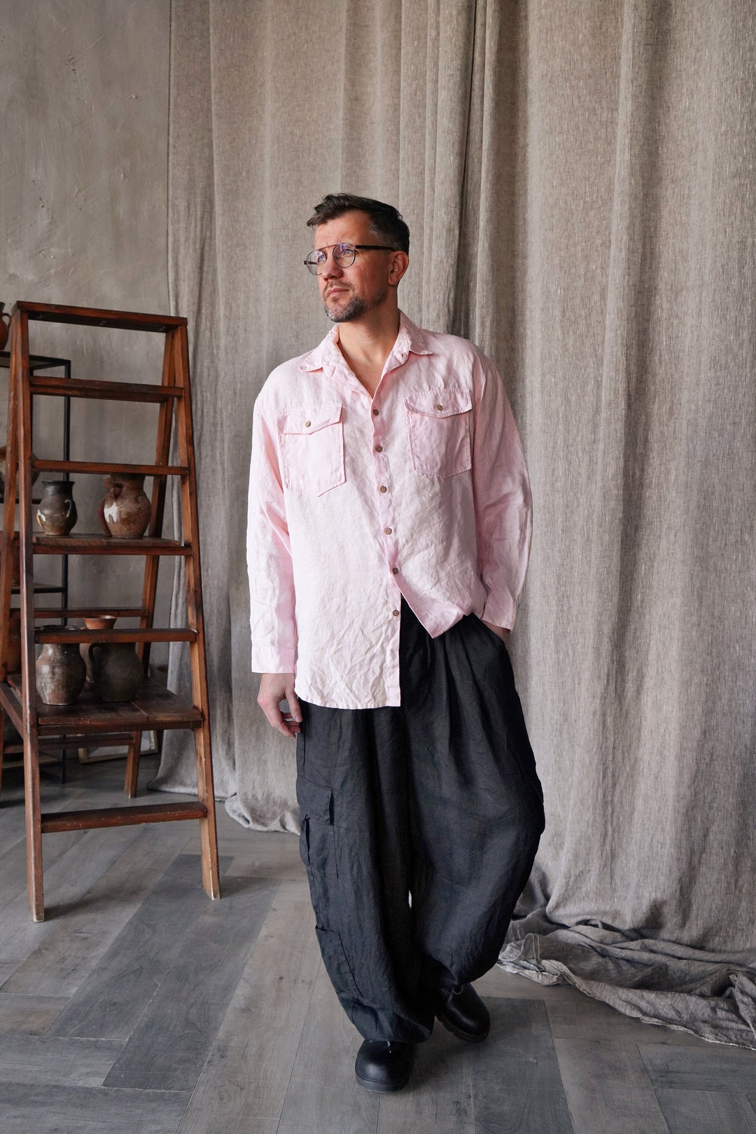 Mens Relaxed Linen Shirt, Shirt for Men, Natural Color Shirt, Classic ...