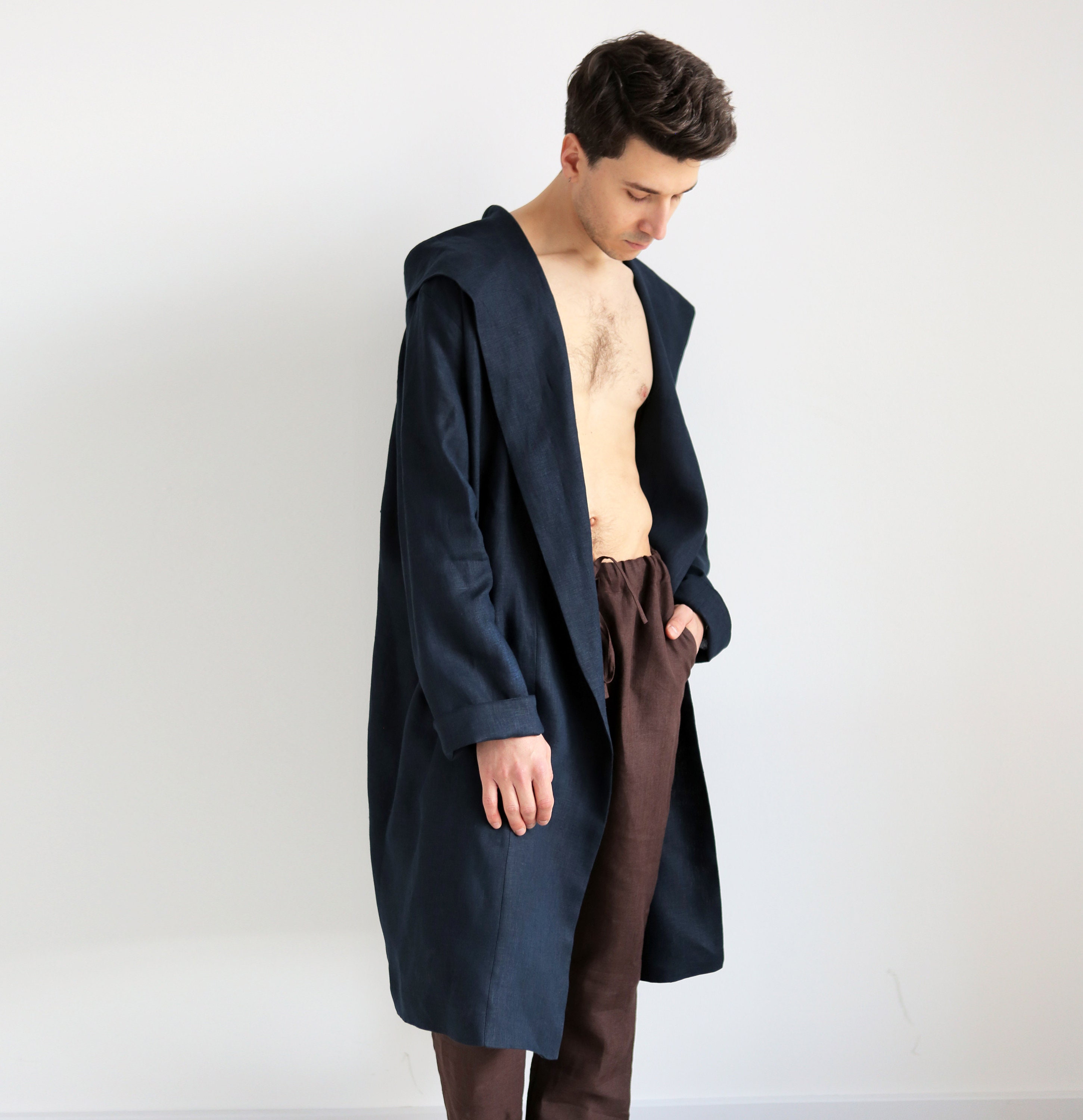 Mens Linen Robe With a Hood Dark Blue Robe Summer Gown - Etsy