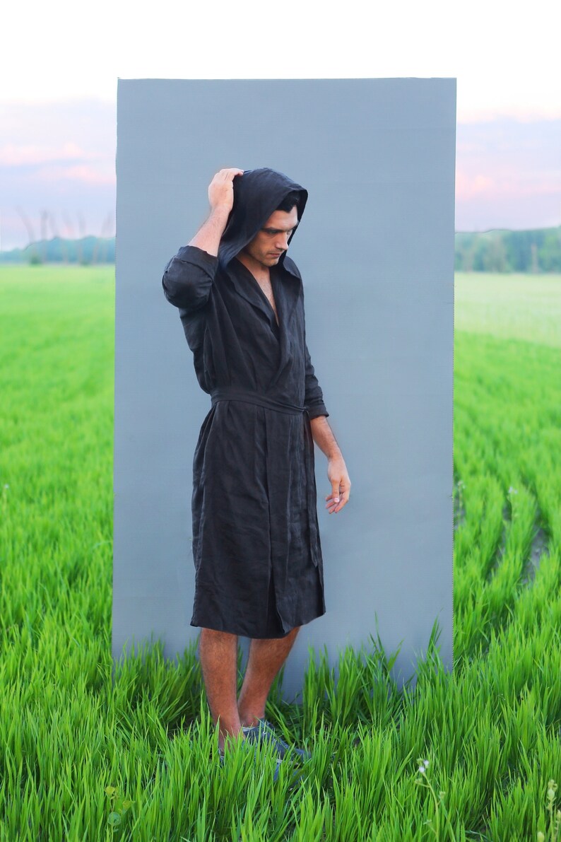 Mens Linen Robe Hooded Black Robe Bathrobe Assassin Hoodie - Etsy